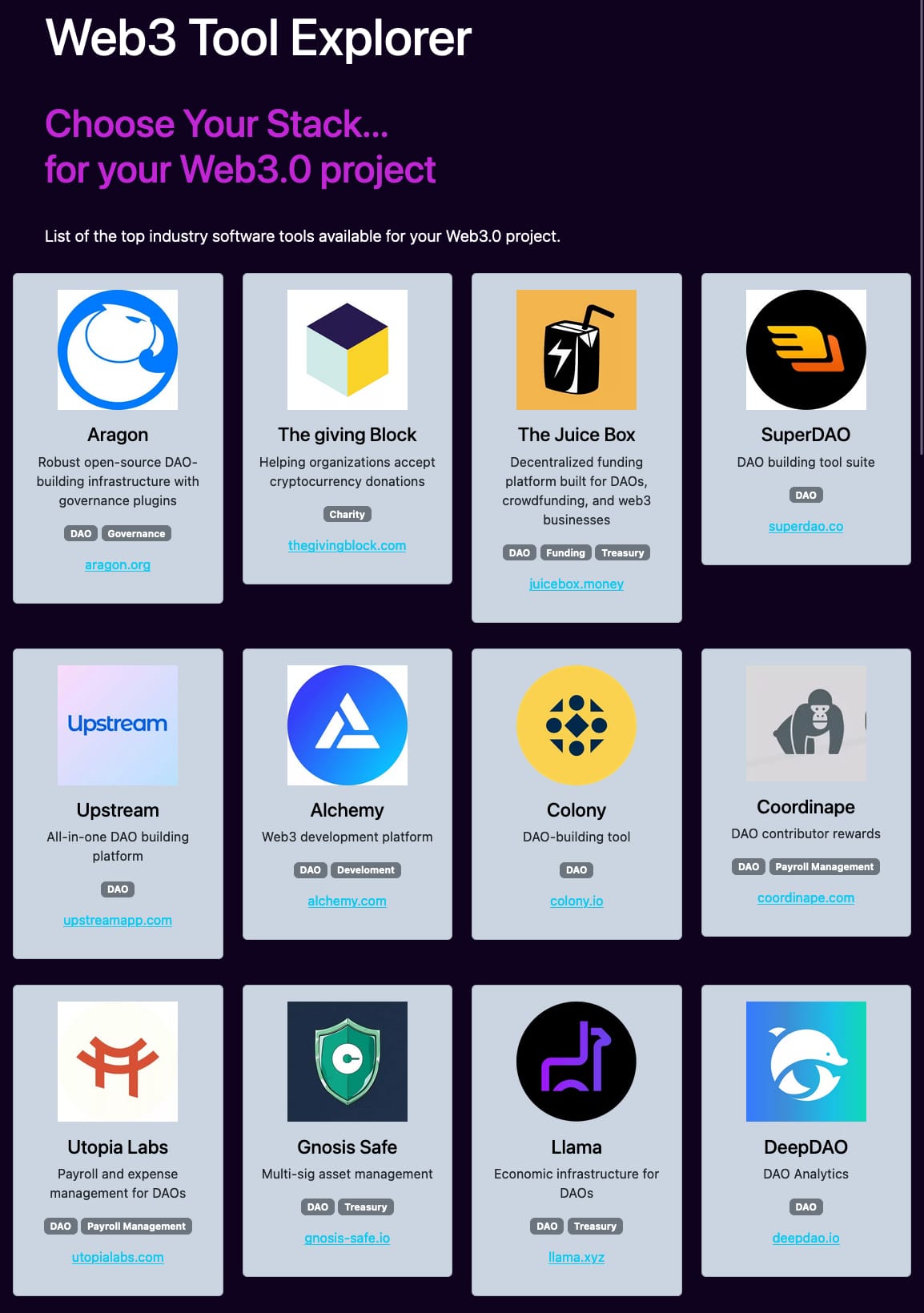 Web3 Tool Explorer | choosing the best technology for Web3 projects